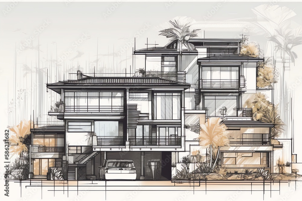 Sketch of modern cozy villa house on the white background. Design stages of luxury villa ...