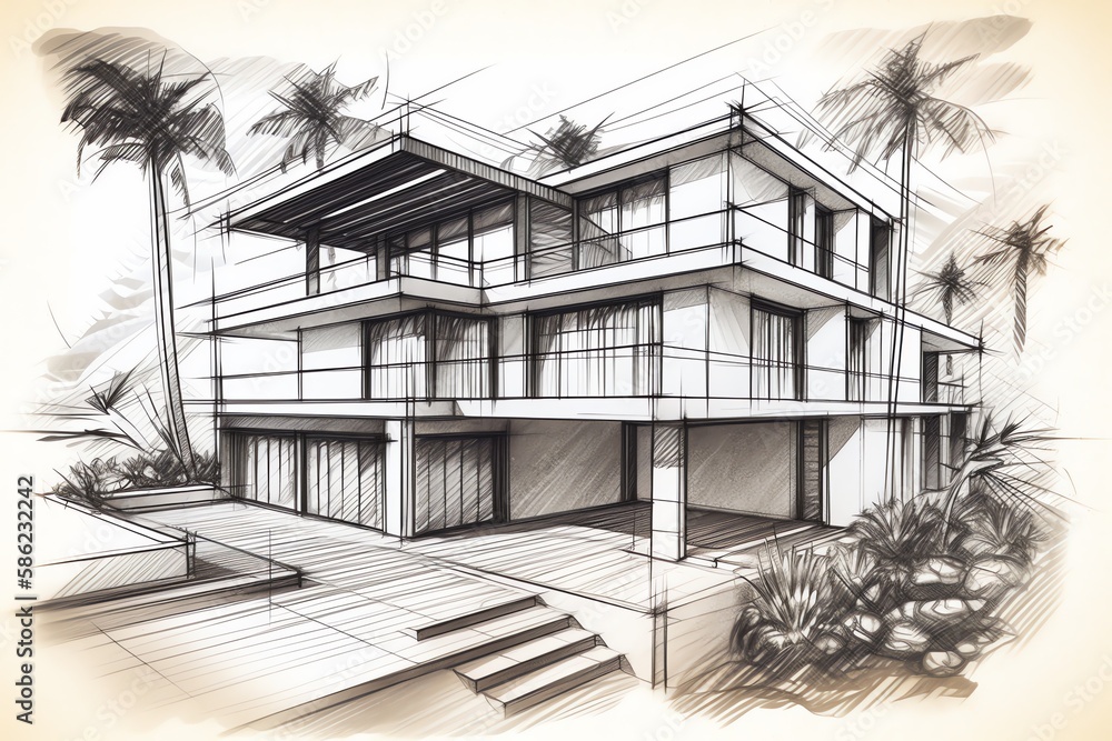 Sketch of modern cozy villa house on the white background. Design ...
