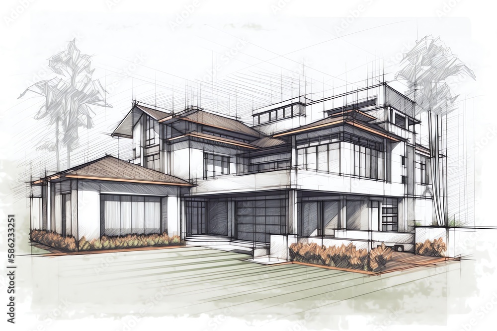 Sketch of modern cozy villa house on the white background. Design ...