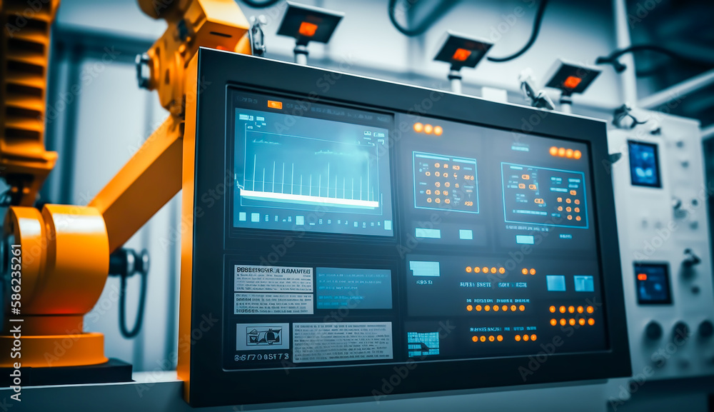 Screen monitor industrial control with machine robot arm line background, smart modern factory ...