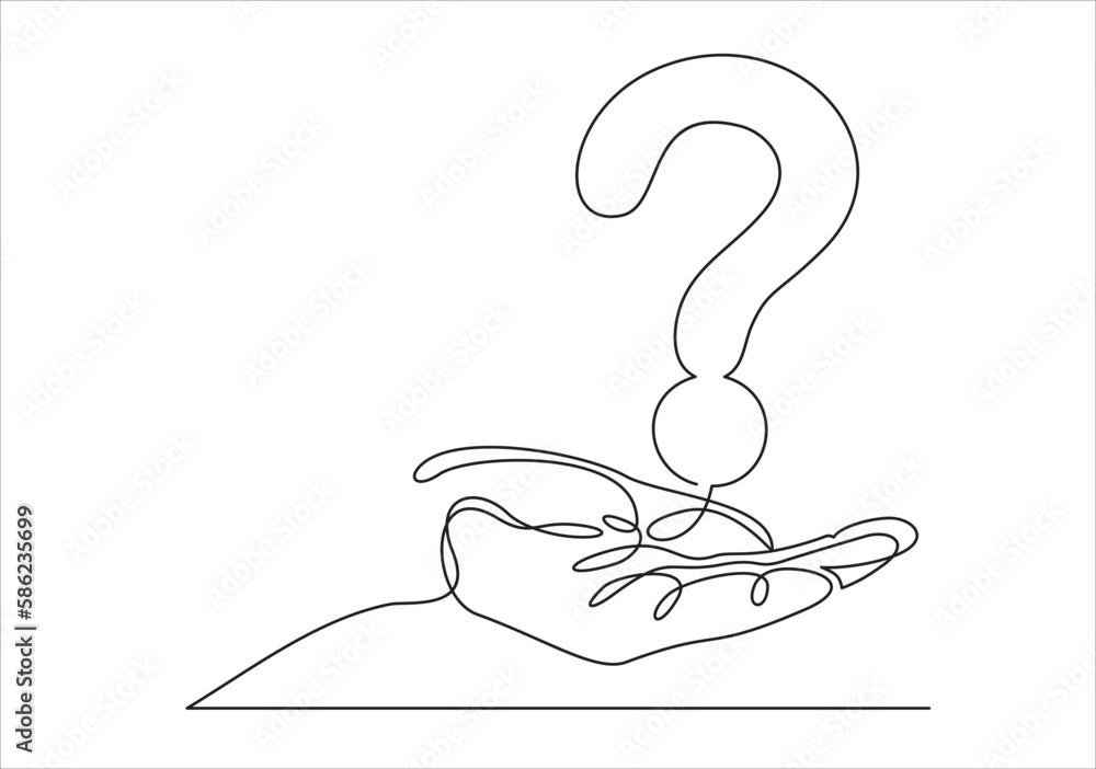 Hands holds question mark one line art, hand drawn asking sign, idea ...