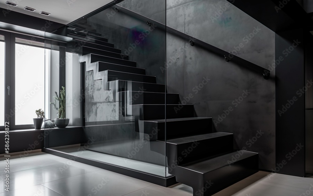 Modern, elegant black cement stone stair, corridor with window ...