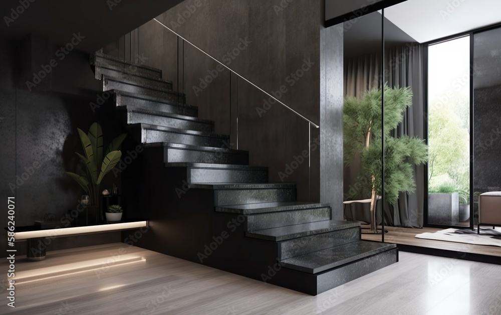 Modern, elegant black cement stone stair, corridor with window ...