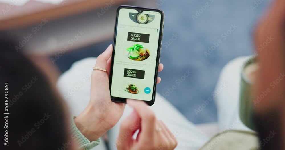 Phone screen, food delivery and hands of couple order, restaurant menu ...