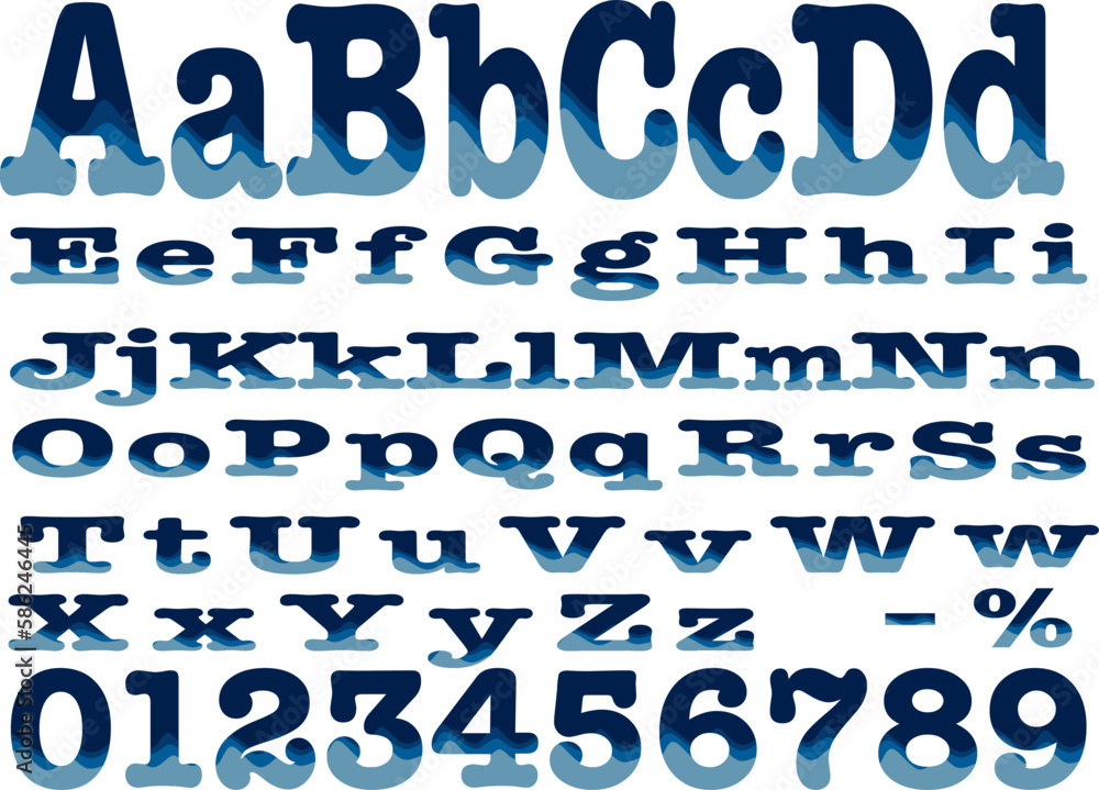 ABC blue alphabet font vector sea water wave set. 0-9 and minus ...