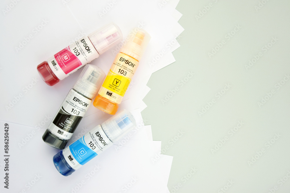 Four bottles of ink Epson, yellow, red, blue, black, built-in to the ...