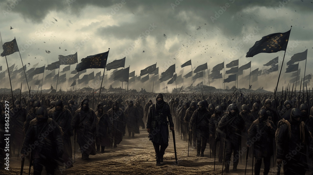 painting of a army ready for battle, A large crowd of people with flags ...