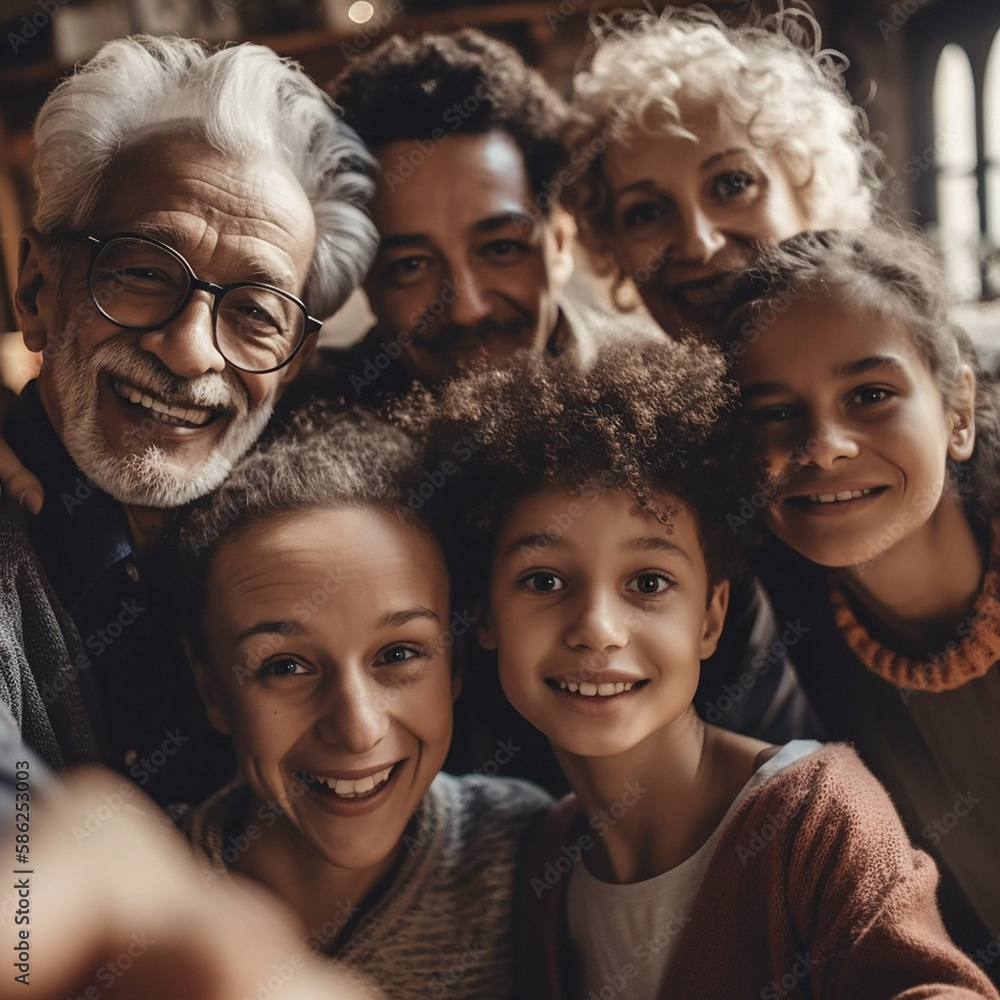 Portrait, selfie and family smile for ai generated, futuristic app and ...