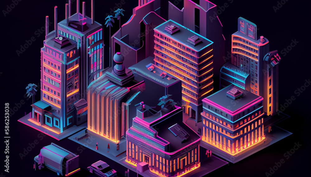 Isometric capital city buildings with neon lighting Ai generated image ...