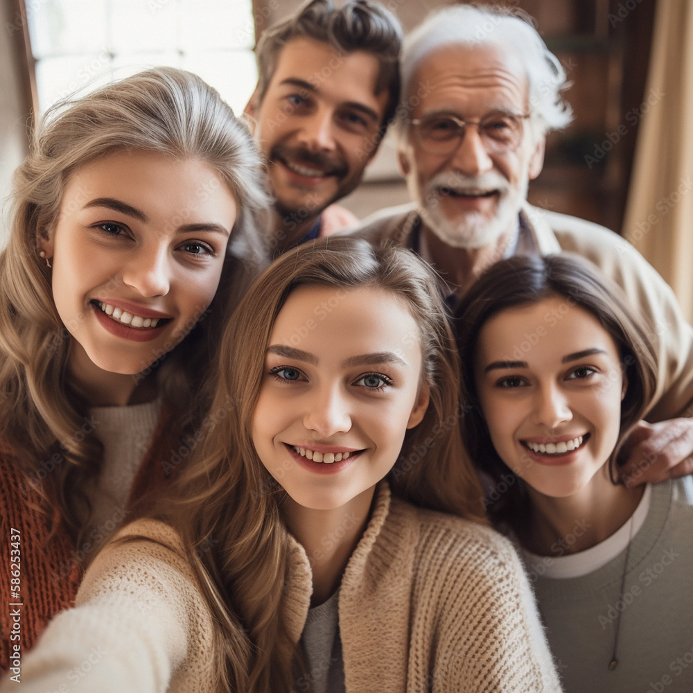Portrait selfie of grandparents, parents and children at home for ...