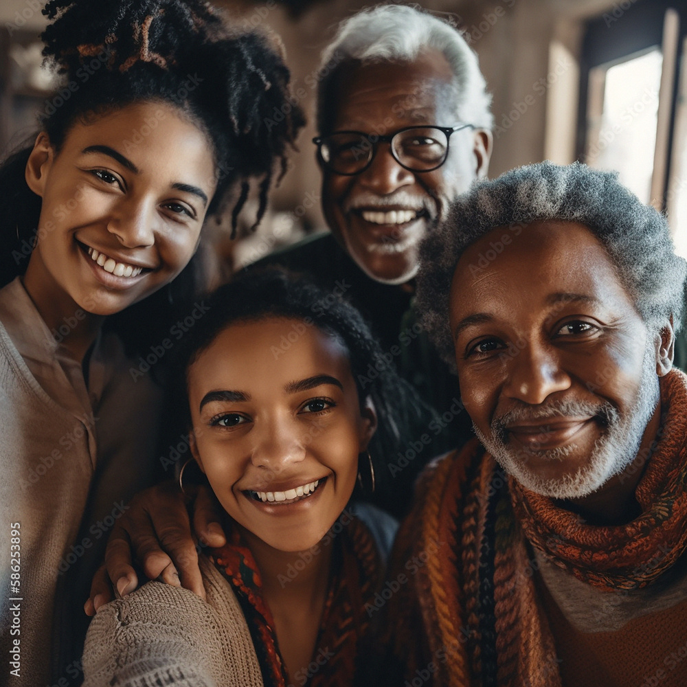 Selfie, portrait and black family with smile at home for digital art ...