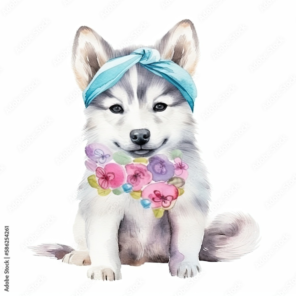 Cute Pomsky Puppy Posing with Watercolor Background and Pastel Headband ...