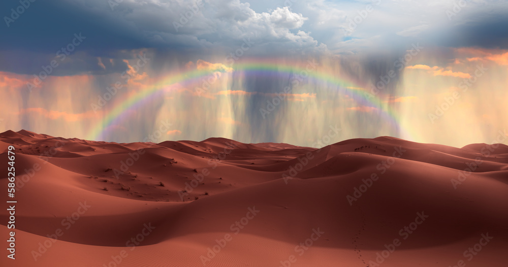 Sand dunes in the Sahara Desert with rain and rainbow - Morocco - Orange dunes in the desert of ...