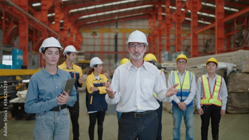 Engineers manager leader talking with camera and hands clapping for ...