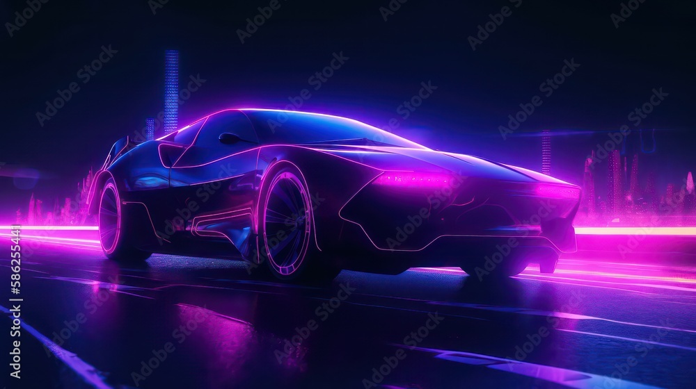 driving in the night futuristic synth-wave car in purple neon colours ...