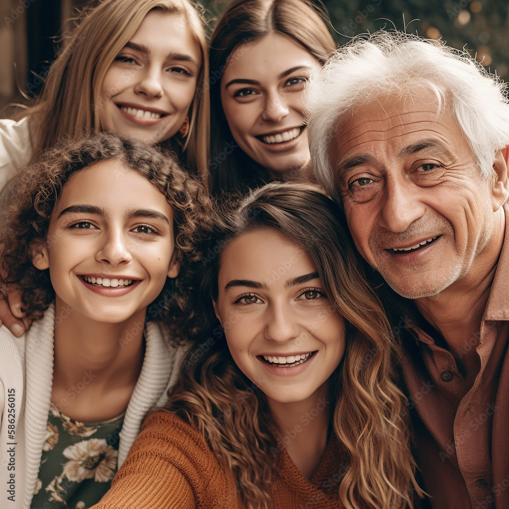 Ai, selfie and portrait of grandparents and children at home with ...