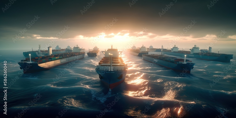 cargo vessel fleet in the middle of the ocean, generative ai Stock ...