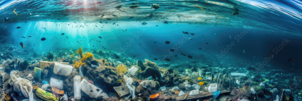 Plastic waste in the ocean. Plastic containers and wrappers polluting ...