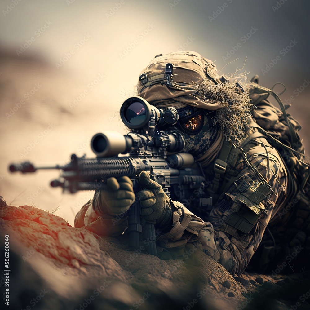 Army soldier in combat uniform with assault rifle, plate carrier and ...