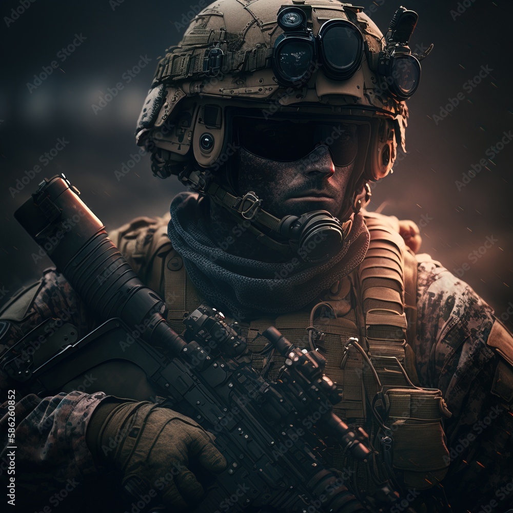 Army soldier in combat uniform with assault rifle, plate carrier and ...