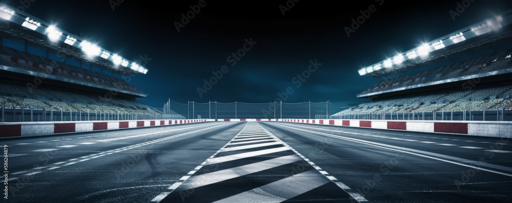 The finish line of an asphalt racetrack and a lighted race stadium at ...