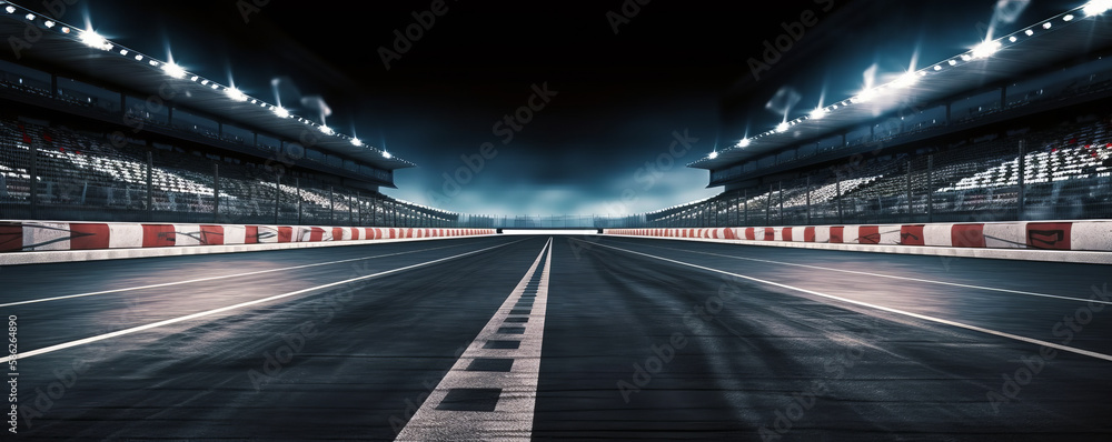 The finish line of an asphalt racetrack and a lighted race stadium at ...
