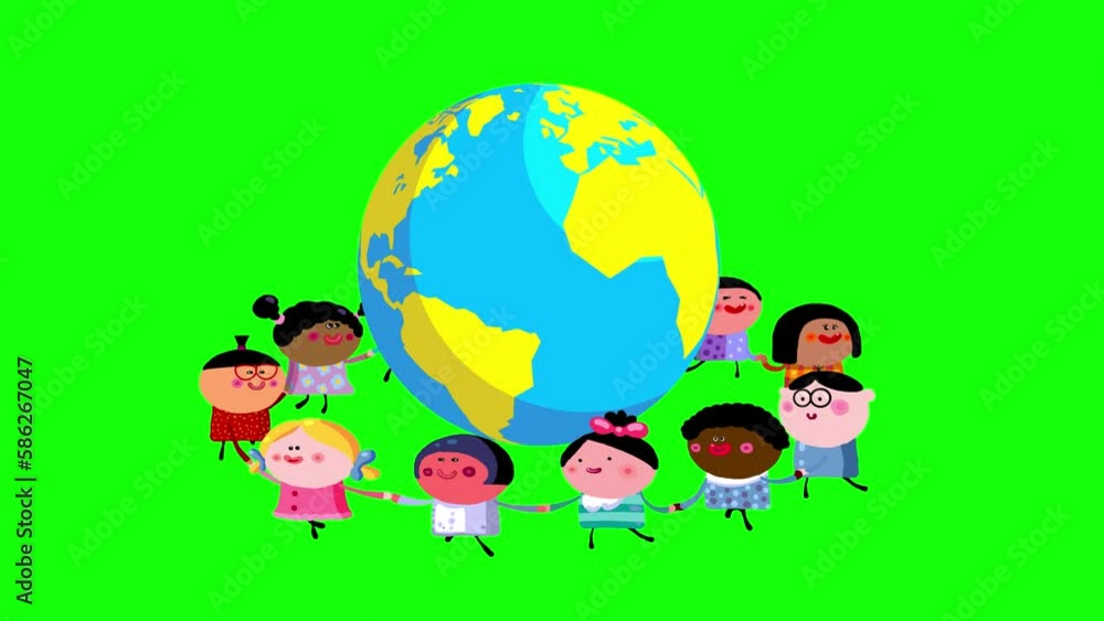 Children different nations dancing around rotating earth green screen ...