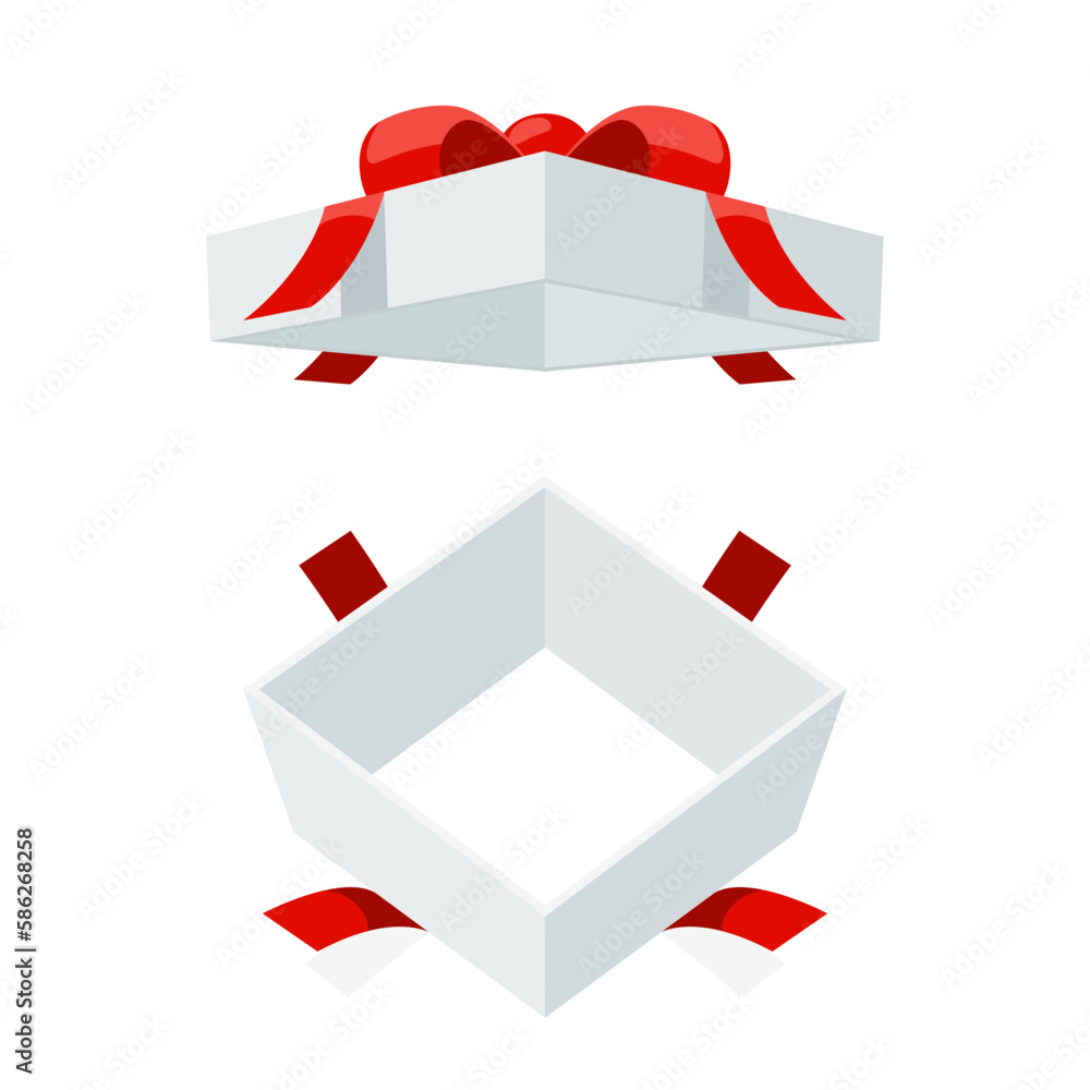 Open a mystery gift box with a red ribbon on isolated white background ...