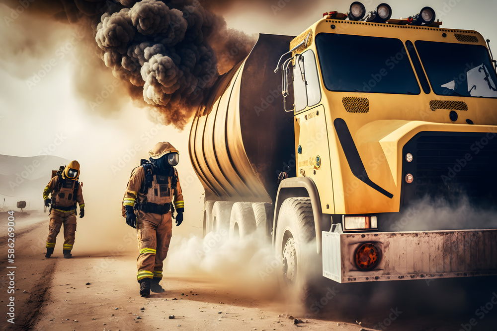 Fireman extinguish Tank trucks with nitric acid break and burn. Car ...