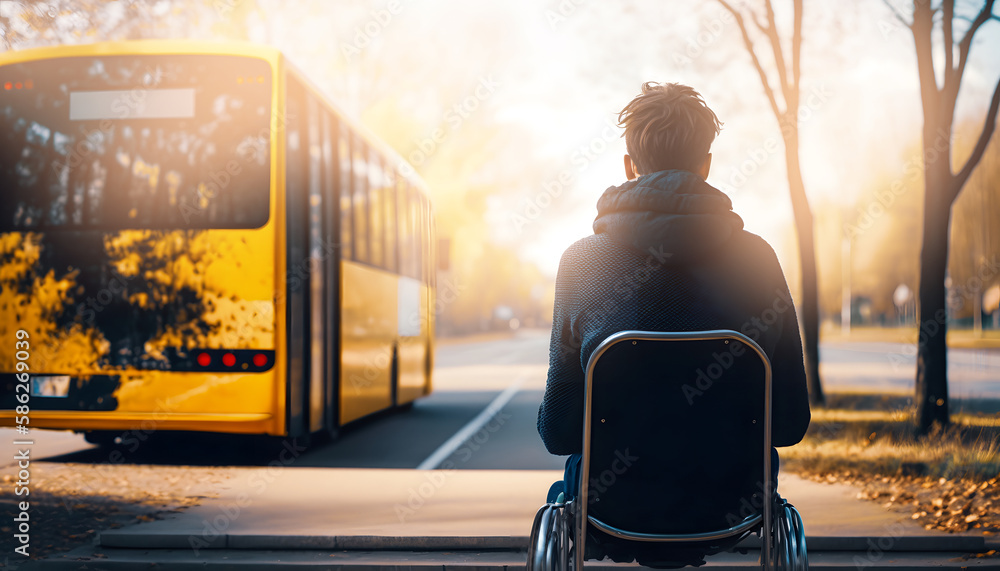 Teenage young boy in wheelchair go yellow school bus. Concept ...