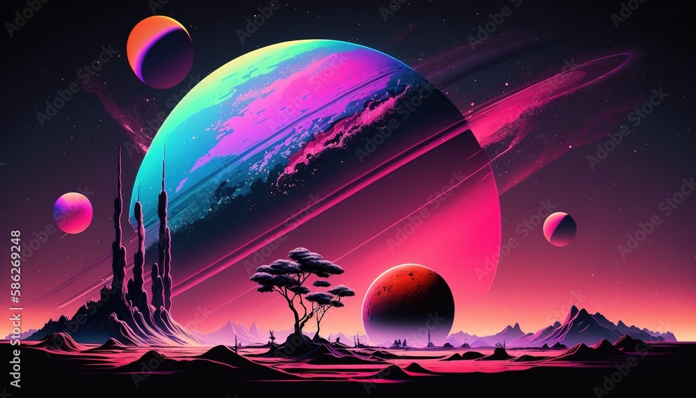 Generative AI, Alien planet landscape. Psychedelic Space banner ...