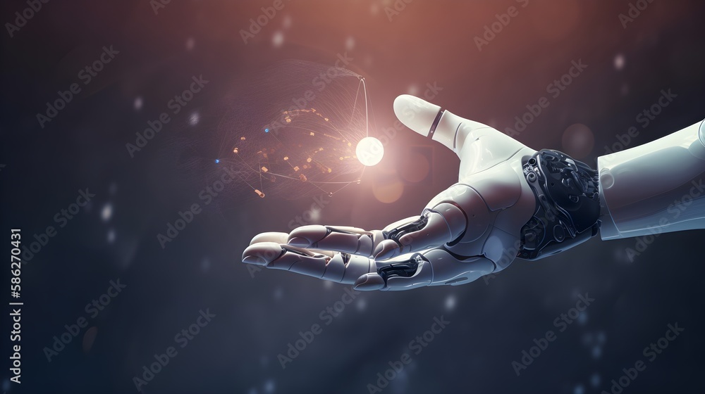 A humanoid robot hand reaching out with a background of technology and ...