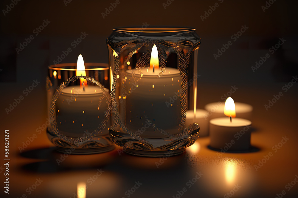 Burning candles hot flame in glass candlestick. Lit small candles ...