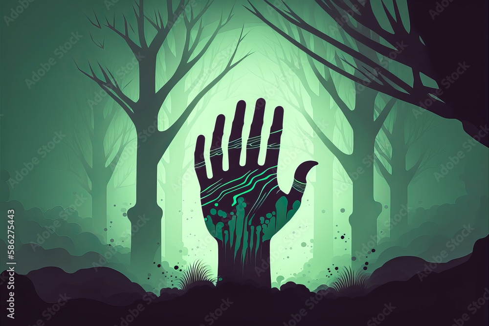 Mysterious and eerie image of a phantom hand emerging from a foggy tomb ...