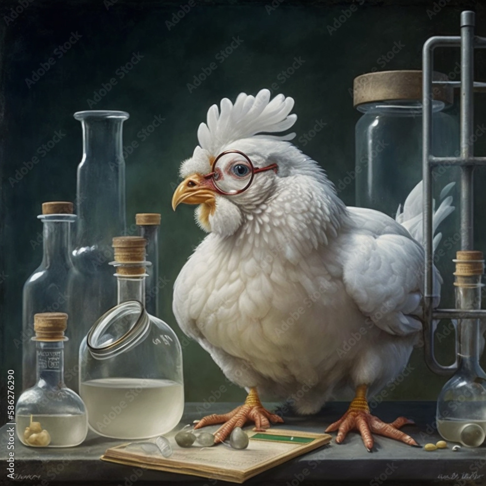 ภาพประกอบสต็อก Dr. Chicken scientist, in lab with beakers and vials ...