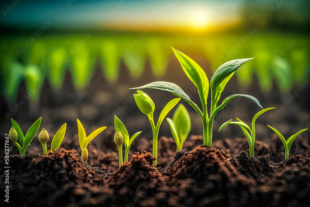 Jeunes pousses sortant de terre dans le jardin au printemps ...
