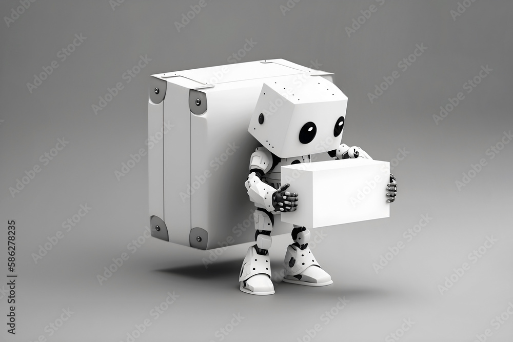 Cute white little cartoon robot with box on a grey background with copy ...