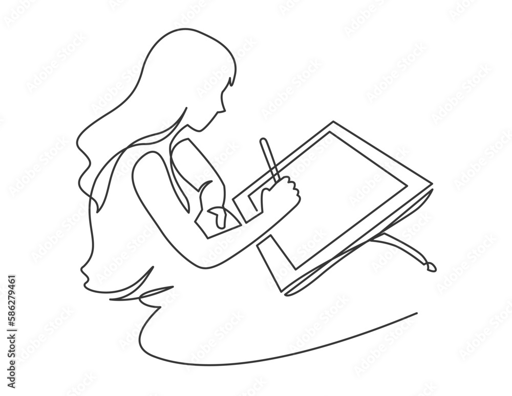 Continuous one line drawing of digital artist, illustrator drawing on ...