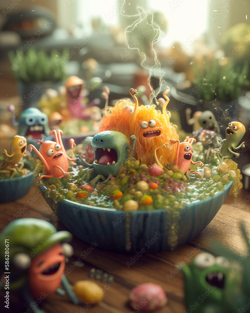 Cute little monsters party on the kitchen table. Created with ...