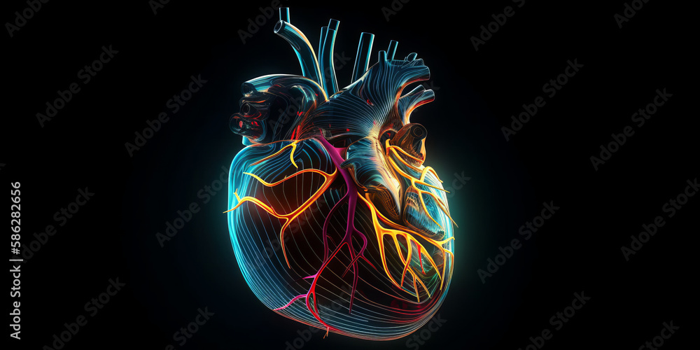3D human heart form with glowing lines on a black background ...