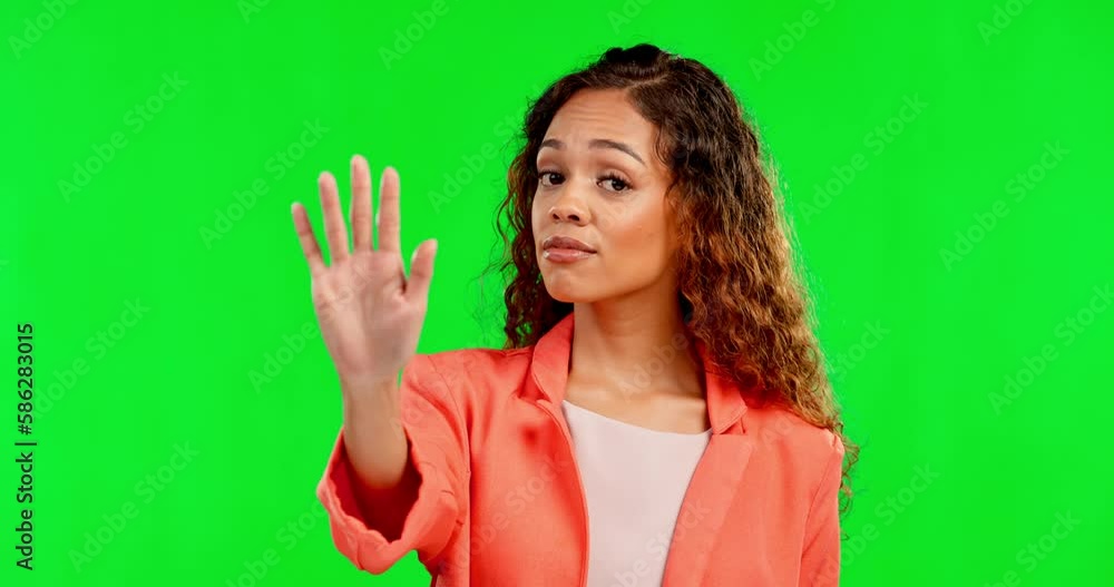 Face, hand and woman with warning, green screen and girl with stop on a ...