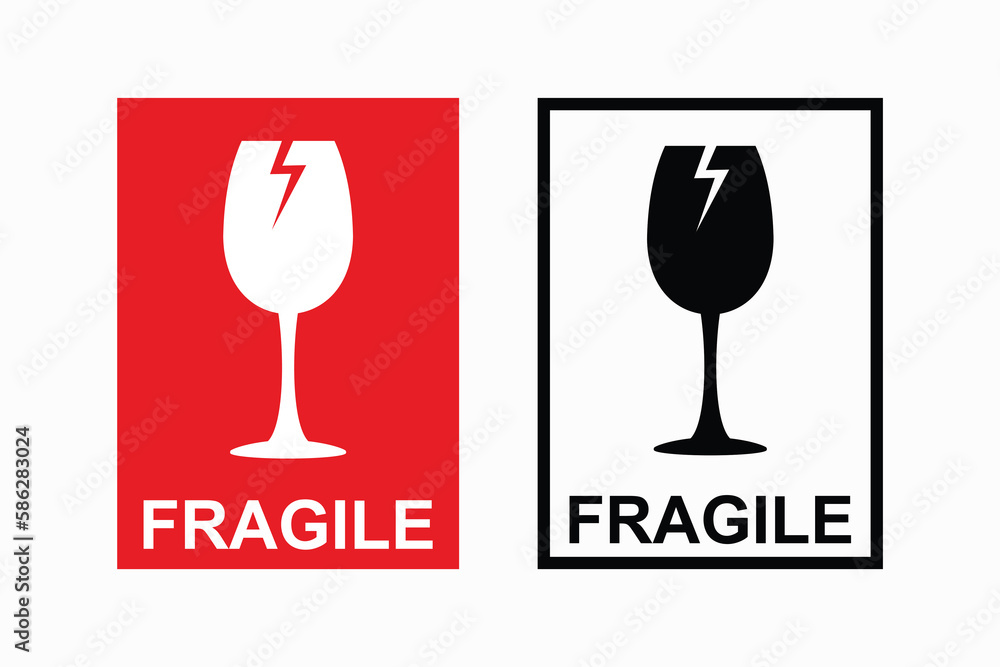 Red and black fragile warning label, fragile label with broken glass ...