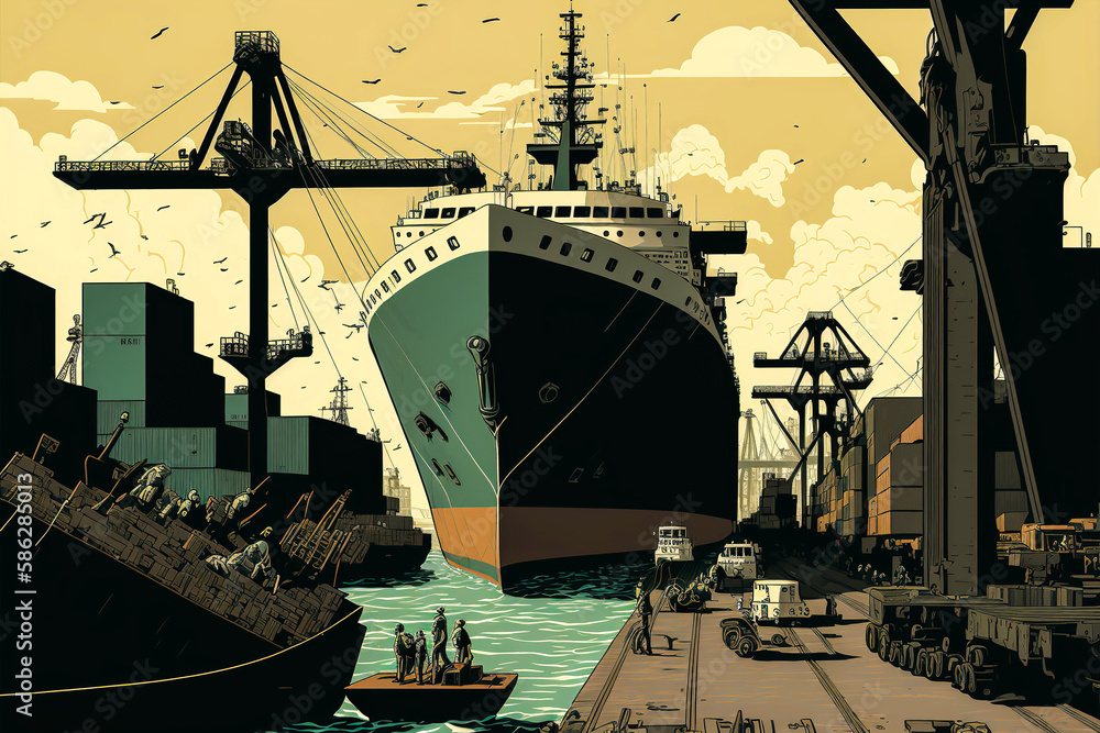 Realistic illustration of a working ship in port, depicting the work ...