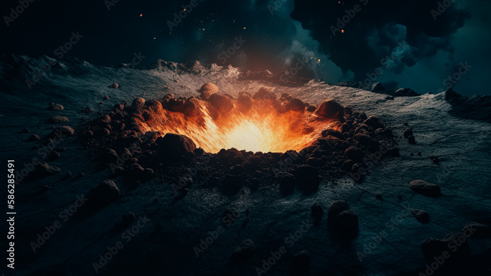 A close - up of a meteorite impact crater with the early earth in the ...