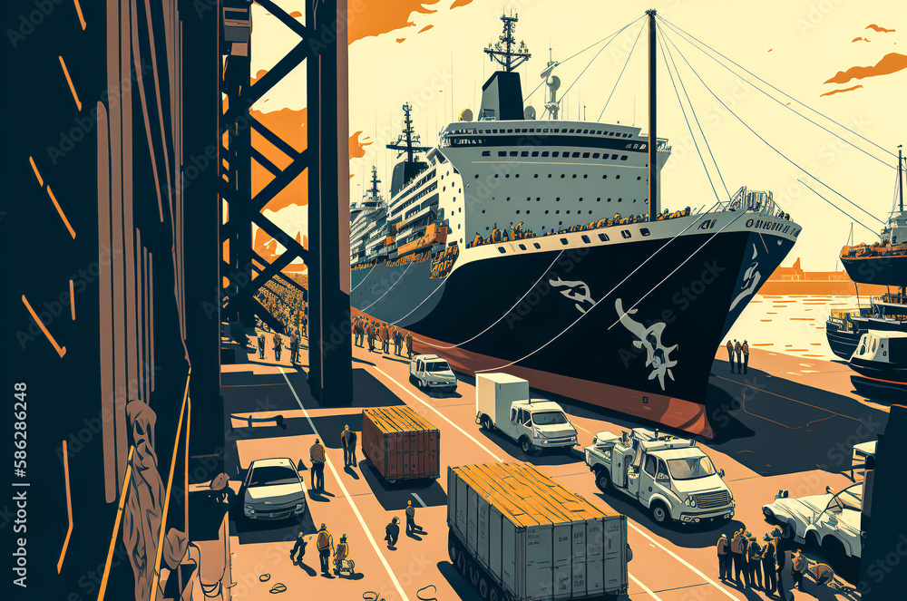 Detailed illustration of a ship being loaded or unloaded on a busy dock ...