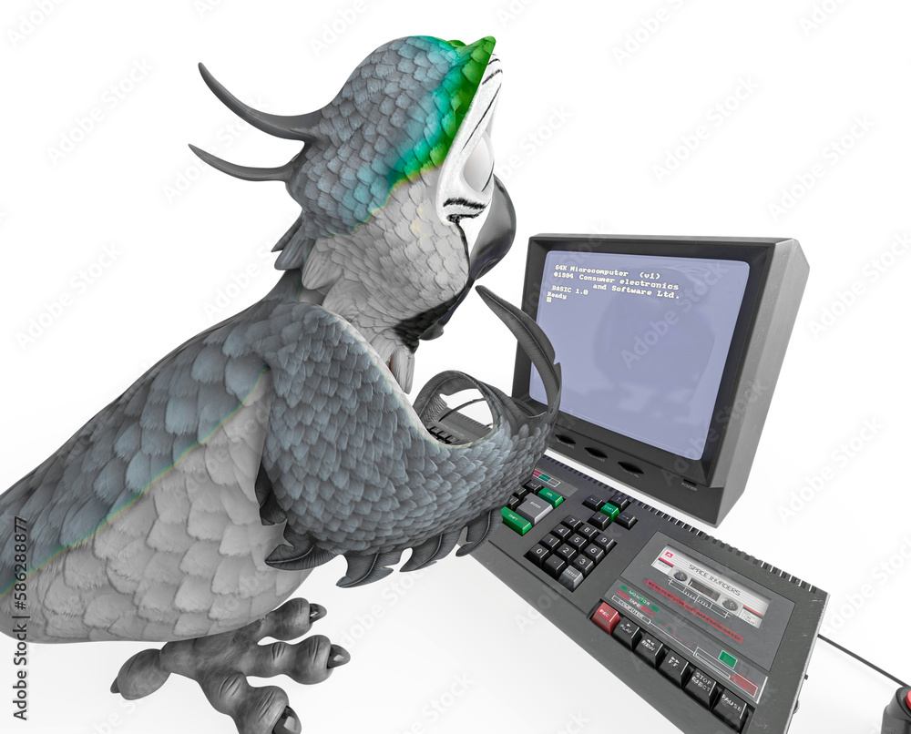 cartoon parrot is working on the 8 bit computer on close up rear view ...