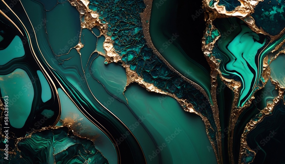 Vibrant jade Pearlescent Marble texture, geometric lines in gold color ...