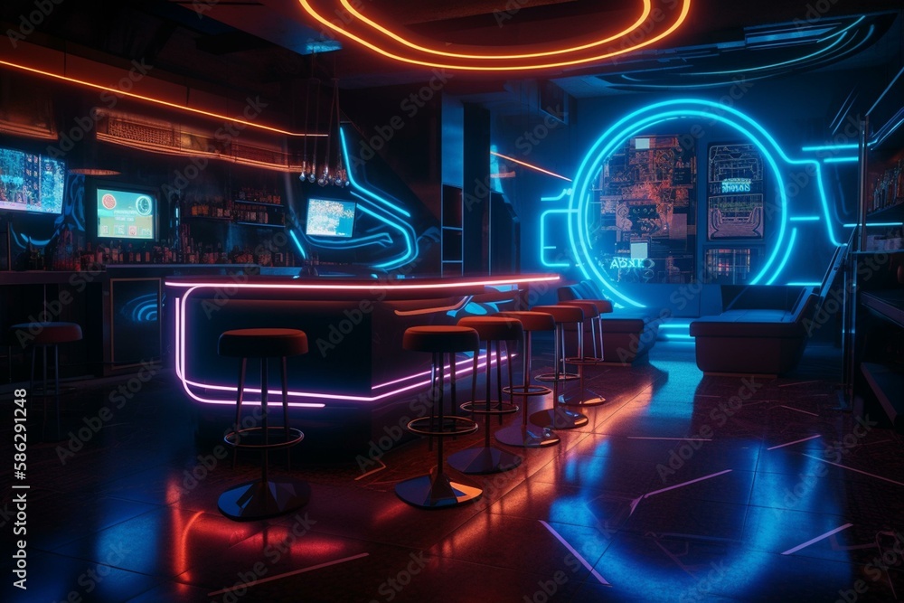 A futuristic bar with a glowing dance floor and neon drink menu ...