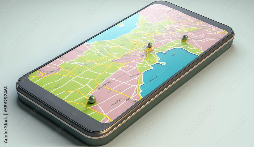 Smartphone with map, 3D Map pins, GPS, navigator pin checking points ...
