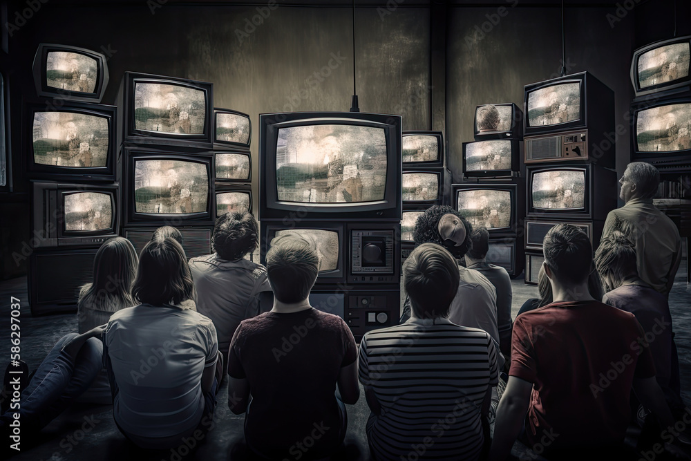 People watching a lot of retro televisions. Propaganda and fake news ...